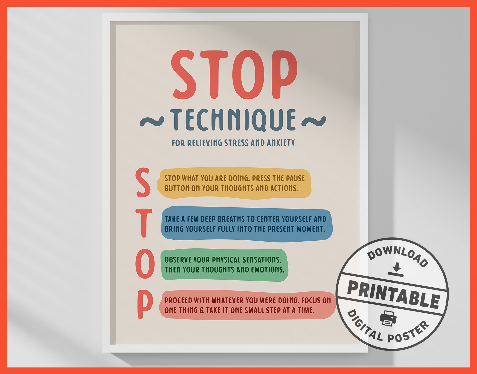 Therapy Office Decor STOP Technique Printable Poster Stress | Etsy