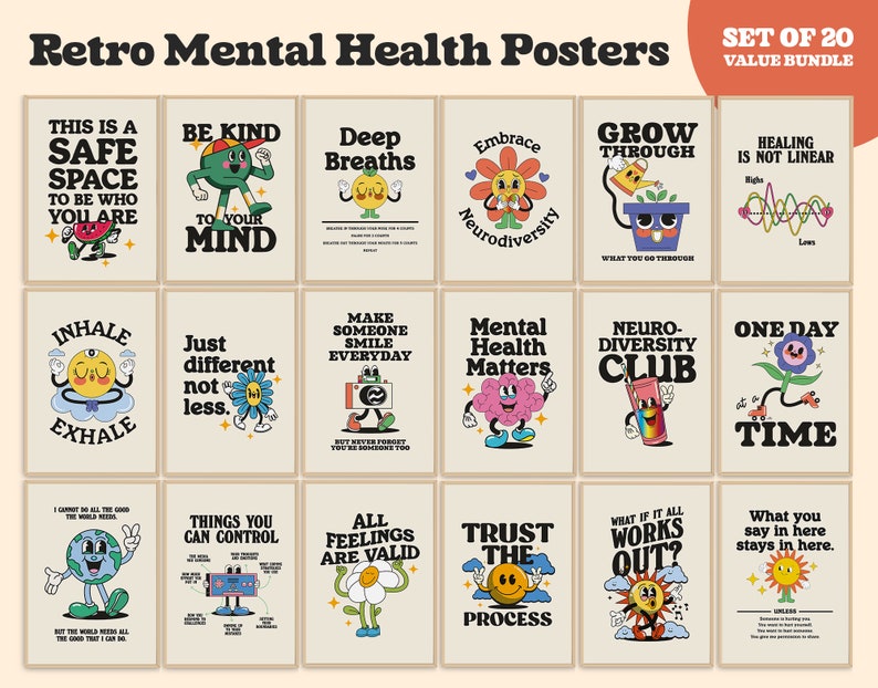 Retro Mental Health Posters, Set of 20 Prints, Therapy, Counseling ...