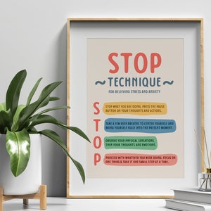 Therapy Office Decor, STOP Technique, Printable Poster, Stress and ...