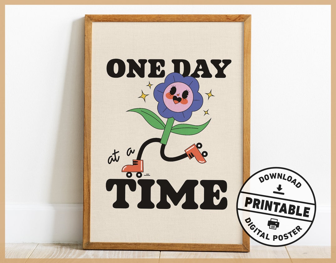 Mental Health Retro Wall Art, One Day at A Time, Motivational ...