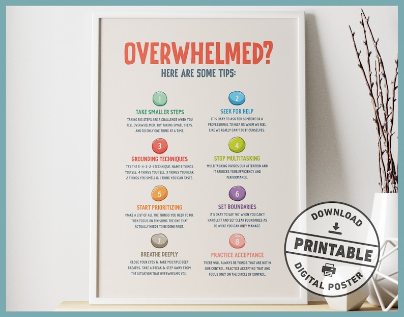 Overwhelmed Tips, Printable Poster, Therapy Office Decor, Counseling ...