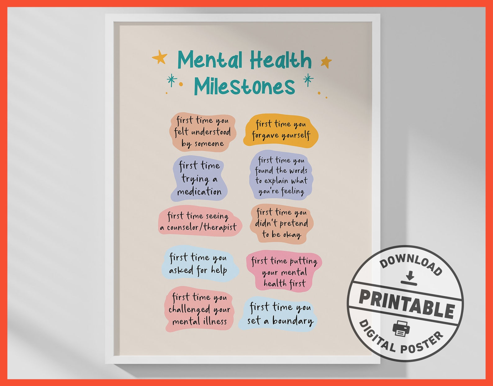 Mental Health Milestones, Printable Poster, Counseling, Therapy, Wall ...