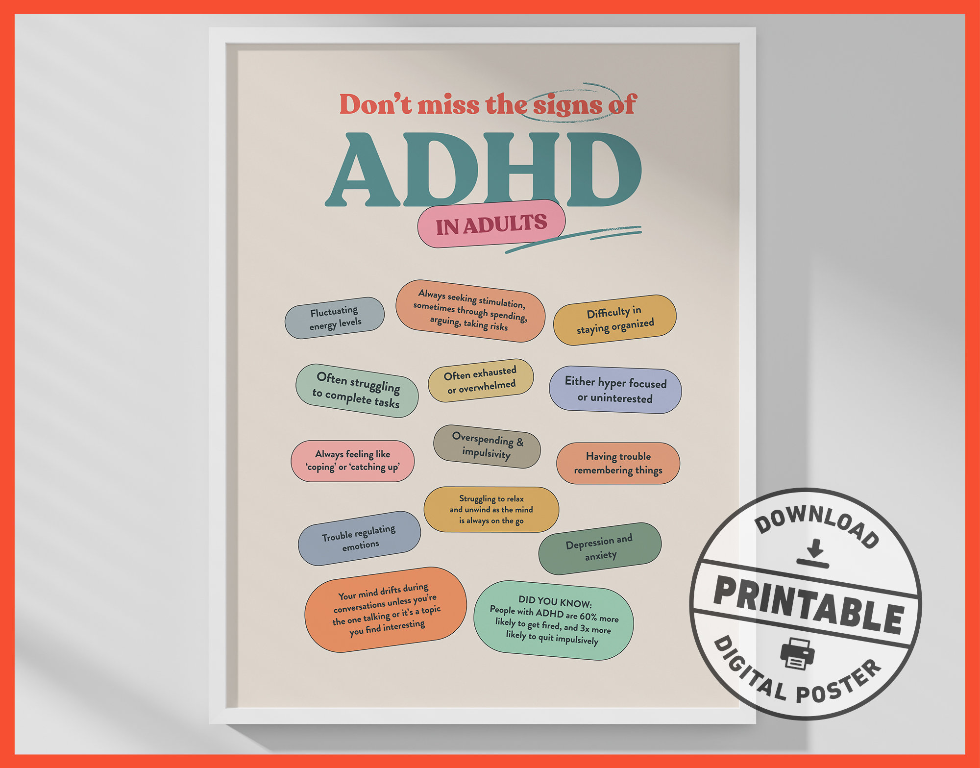 ADHD in Adults Therapy Office Decor Printable Poster Mental - Etsy