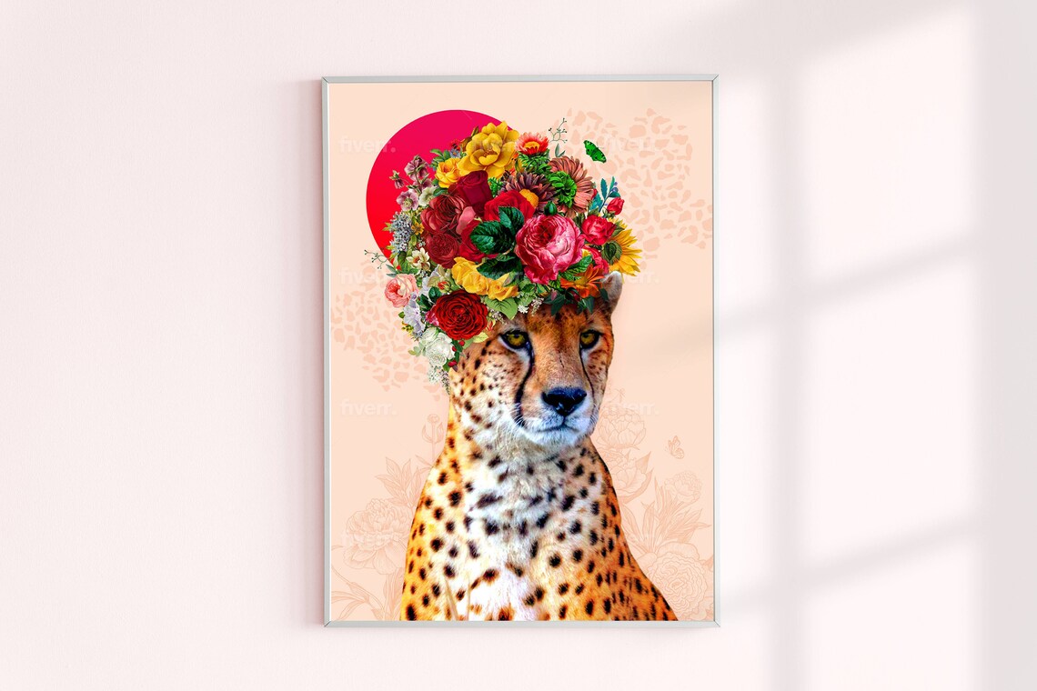 Queen Cheetah Floral Art Print, Eclectic Home Decor, Digital Download ...
