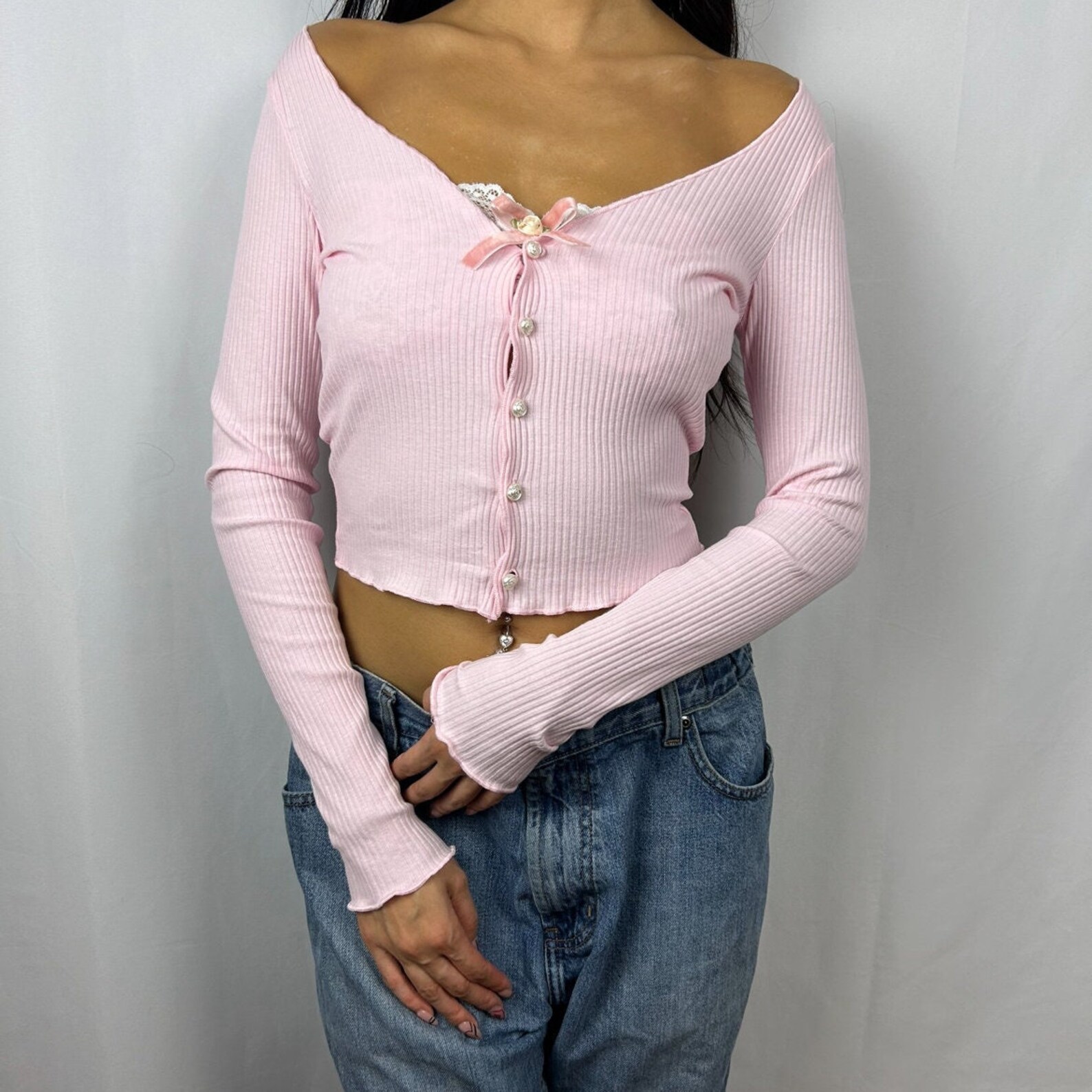 Pink Coquette Cardigan: Pearl Button, Lace & Bow Detail - Etsy