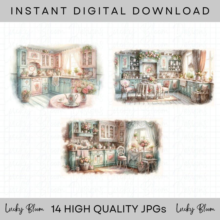 14 Dreamy Chic Kitchen Clip Art Set Watercolour Jpgs Digital Download ...