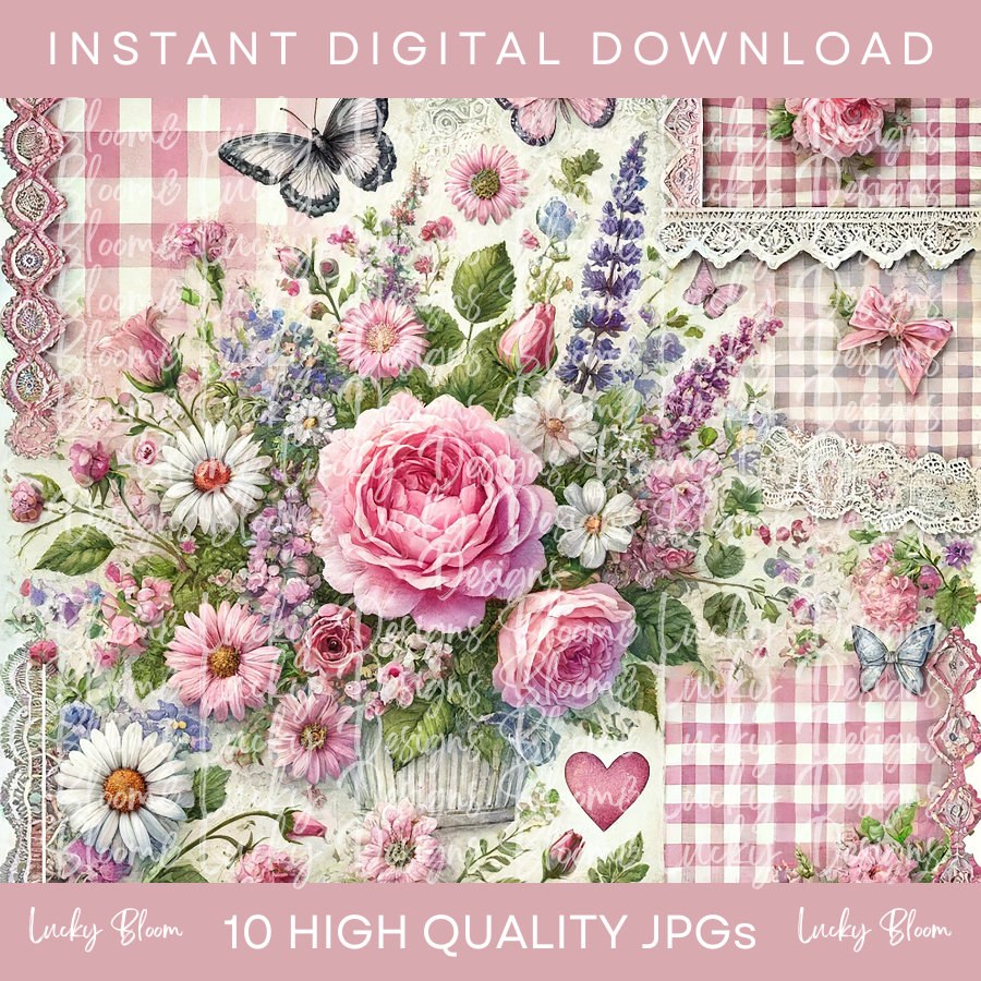 Pink Cottage Flower Pattern 10 Clip Art Set Hi Res Watercolor Jpgs ...