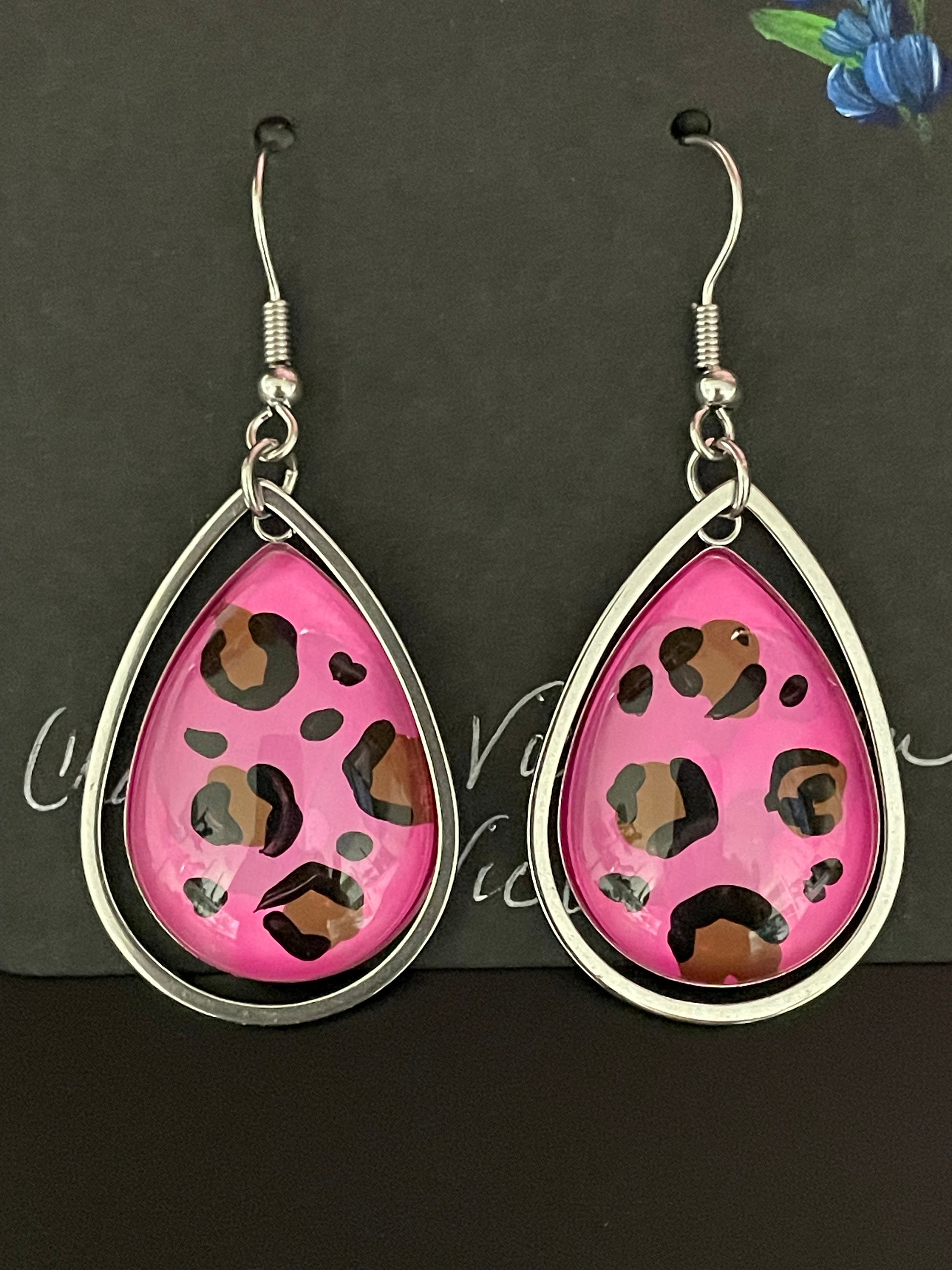 Reverse Hand Painted Animal Print Cabochon Teardrop Earrings. Price ...
