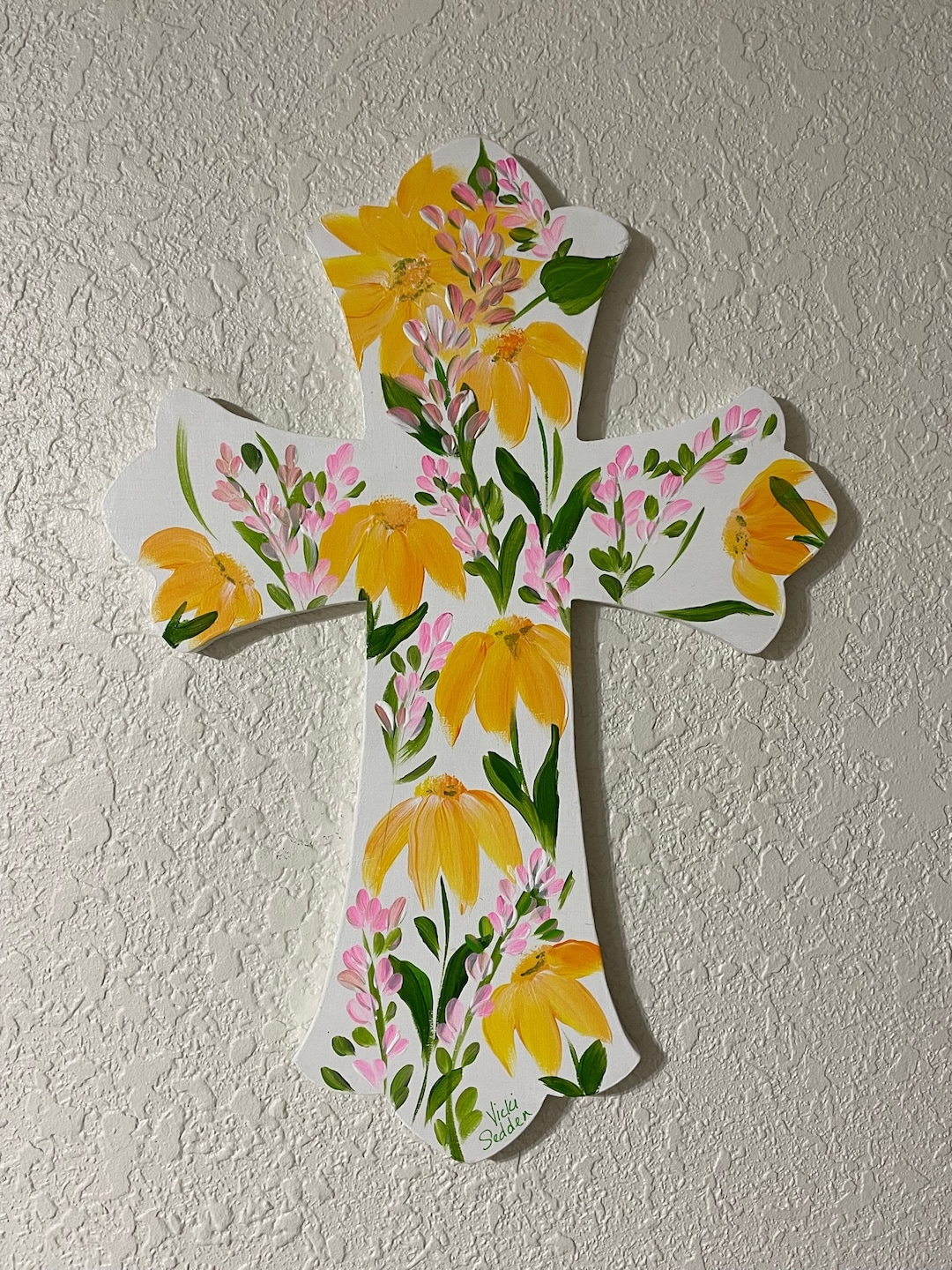 16 White Cross With Yellow Daisies and Pink Flowers. Hand Painted - Etsy