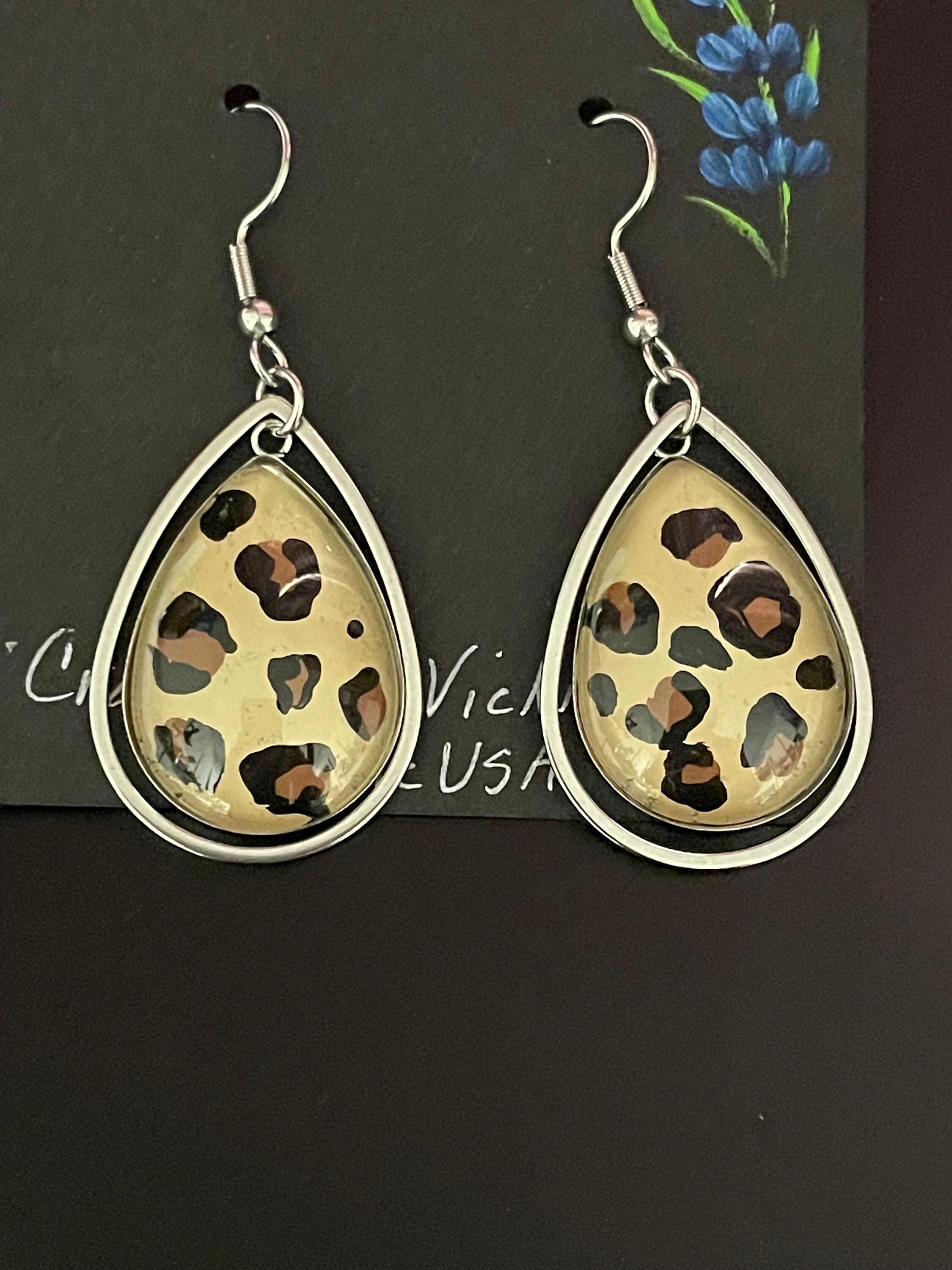 Reverse Hand Painted Animal Print Cabochon Teardrop Earrings. Price ...