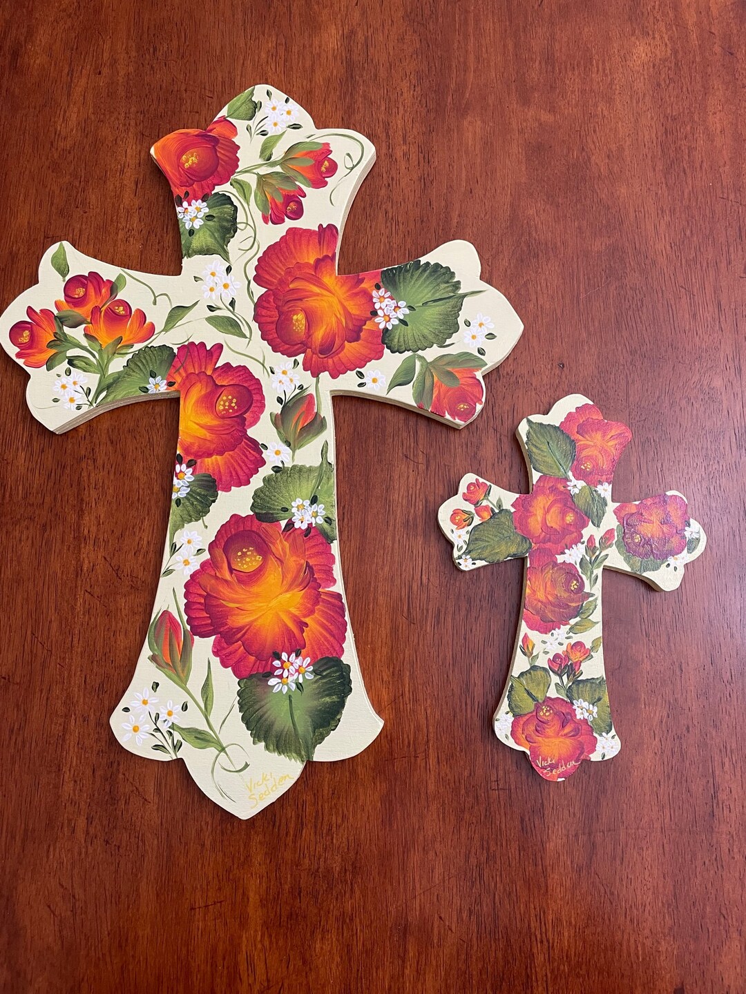 16" or 8" Pale Yellow Cross With Burgandy Roses. Hand Painted - Etsy