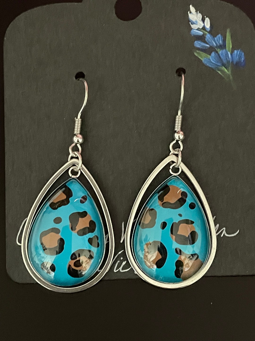 Reverse Hand Painted Animal Print Cabochon Teardrop Earrings. Price ...