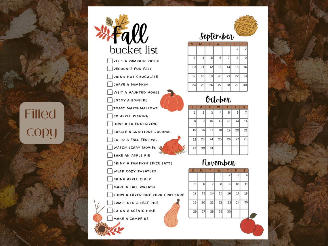 Printable Fall Activities Bucket List, Fall & Autumn, US Letter Size 8 ...