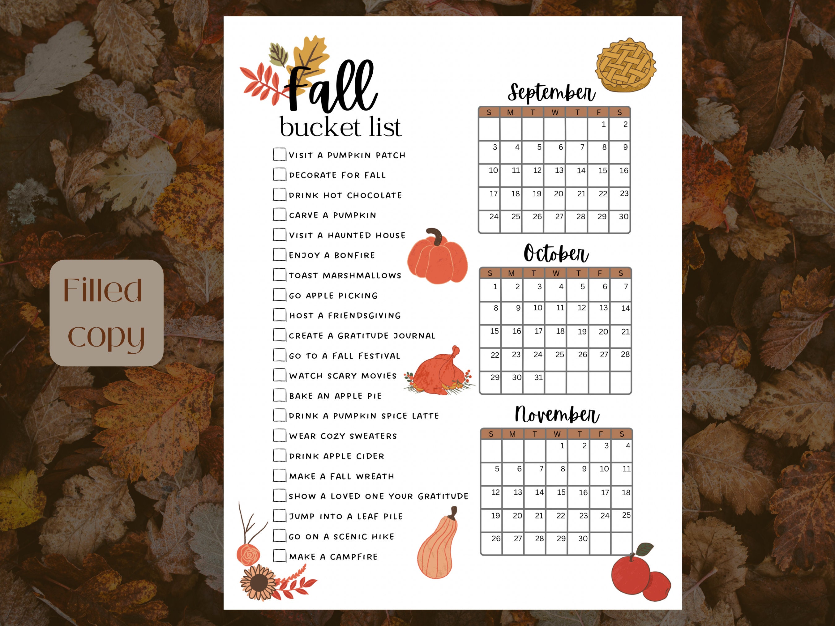 Printable Fall Activities Bucket List, Fall & Autumn, US Letter Size 8 ...