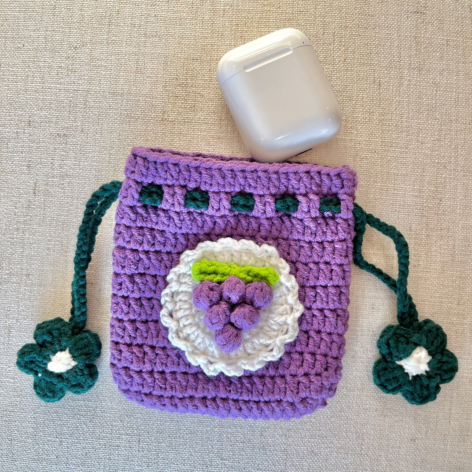 CROCHET GRAPE Pouch With Flower Drawstrings! Handmade Crochet Fruit ...
