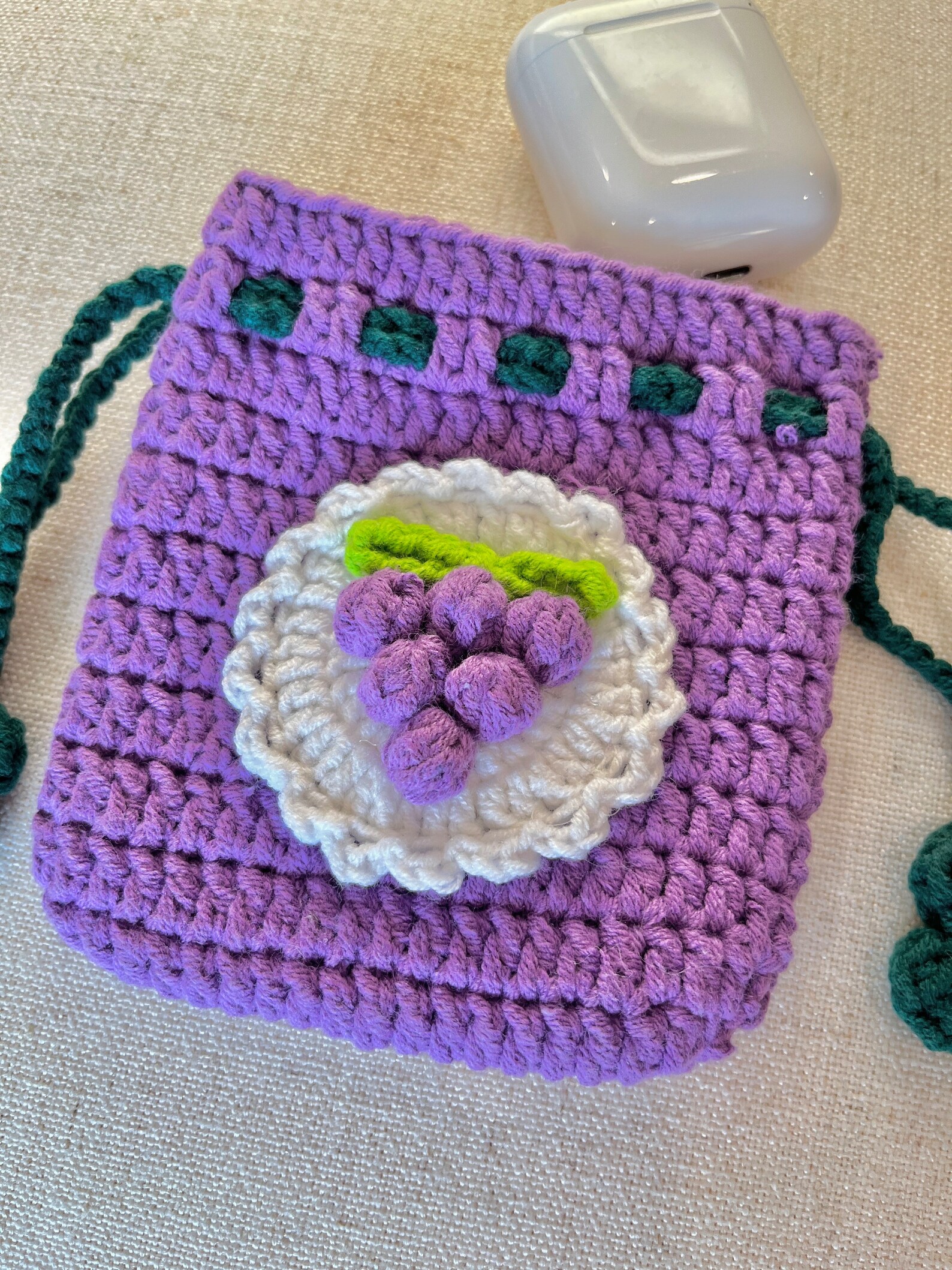 CROCHET GRAPE Pouch With Flower Drawstrings! Handmade Crochet Fruit ...