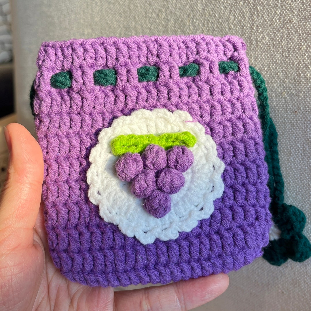 CROCHET GRAPE Pouch With Flower Drawstrings! Handmade Crochet Fruit ...