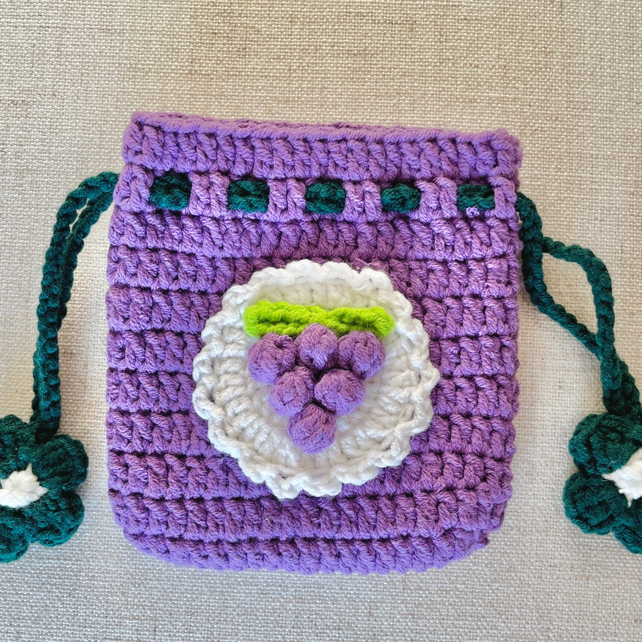 CROCHET GRAPE Pouch With Flower Drawstrings! Handmade Crochet Fruit ...