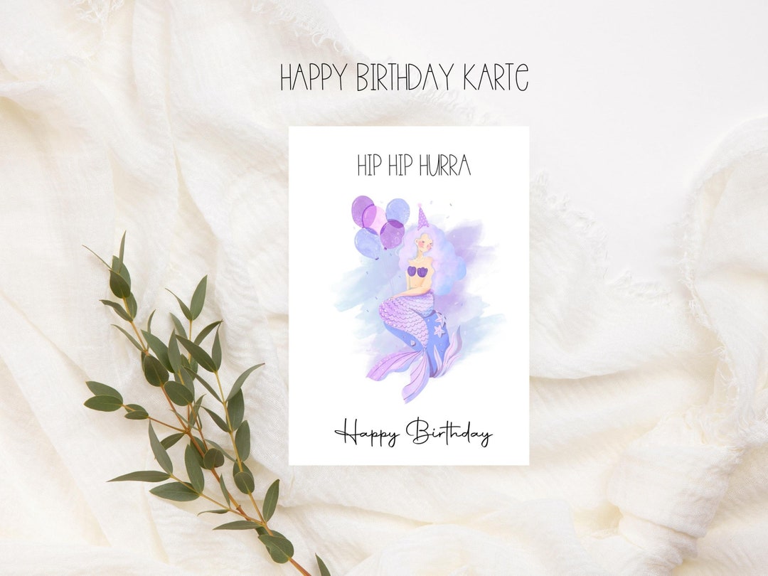 Hip Hip Hurray Happy Birthday Card in Watercolor Look With Mermaid ...