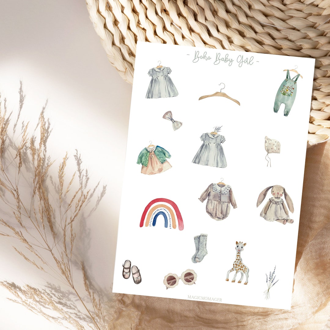 Watercolor Boho Baby Girl Stickers Set, Planner Stickers, Boho Baby ...
