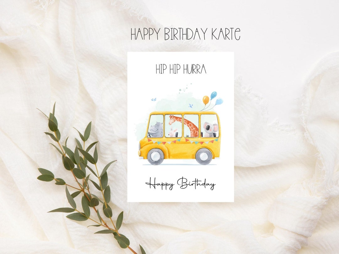 Hip Hip Hurra Happy Birthday Karte im Wasserfarben Look mit Giraffe ...