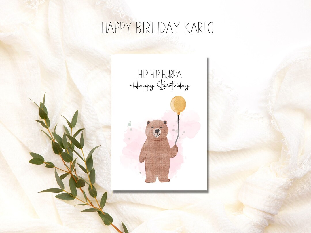 Hip Hip Hurray Happy Birthday Card in Watercolor Look With Animal Motif ...