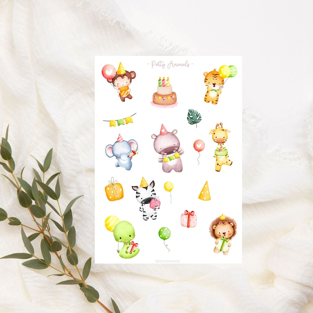 Watercolor Party Animals Birthday Party Stickers Set, Planner Stickers ...