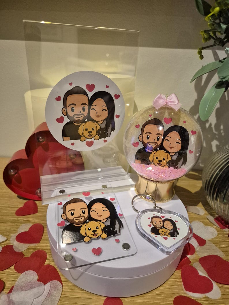 Custom Couples Keyring Gift Cartoon Couple Family Portrait, Dog & Cat ...