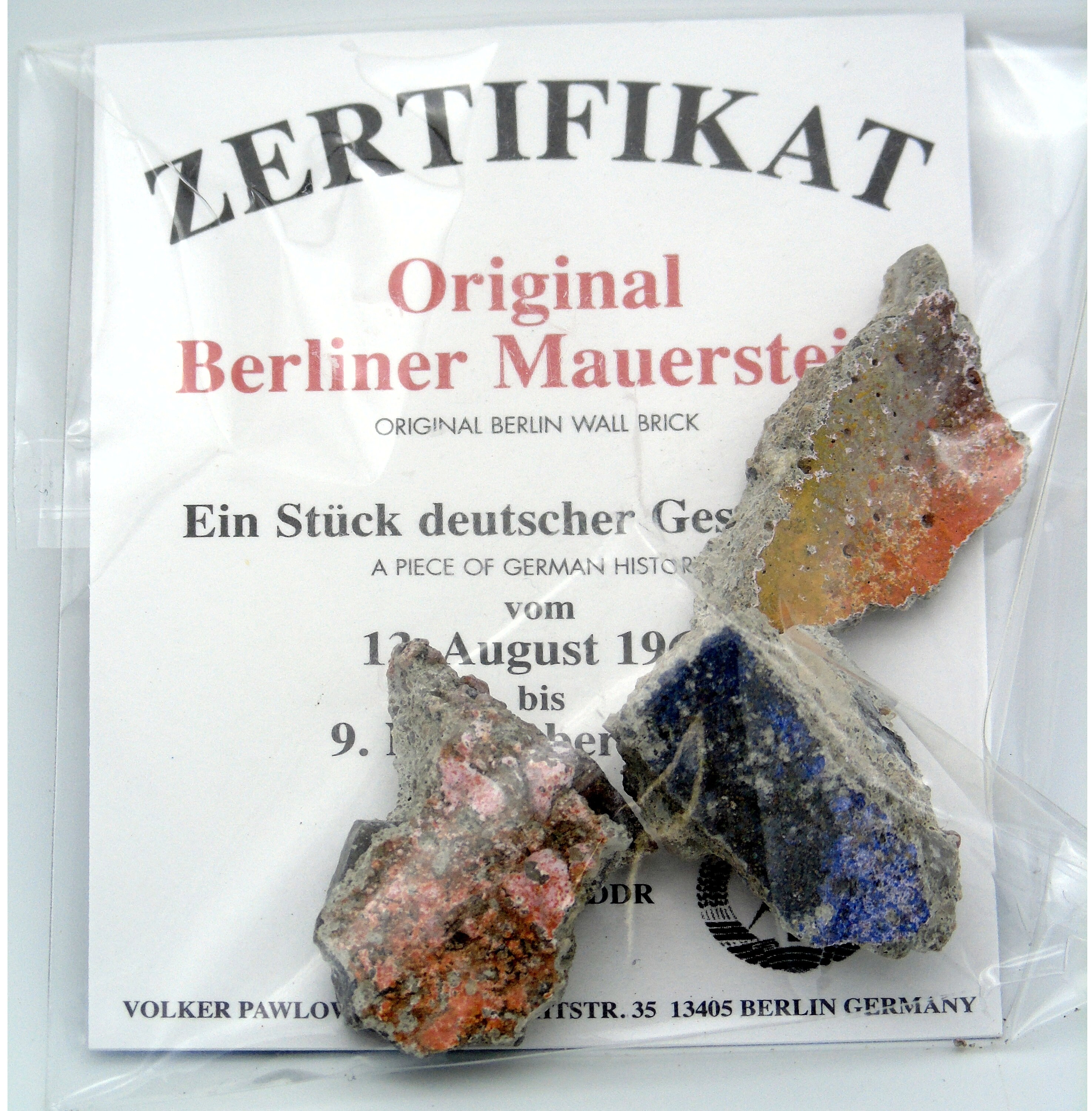 Real Piece of the BERLIN WALL With Certificate of Authenticity ...