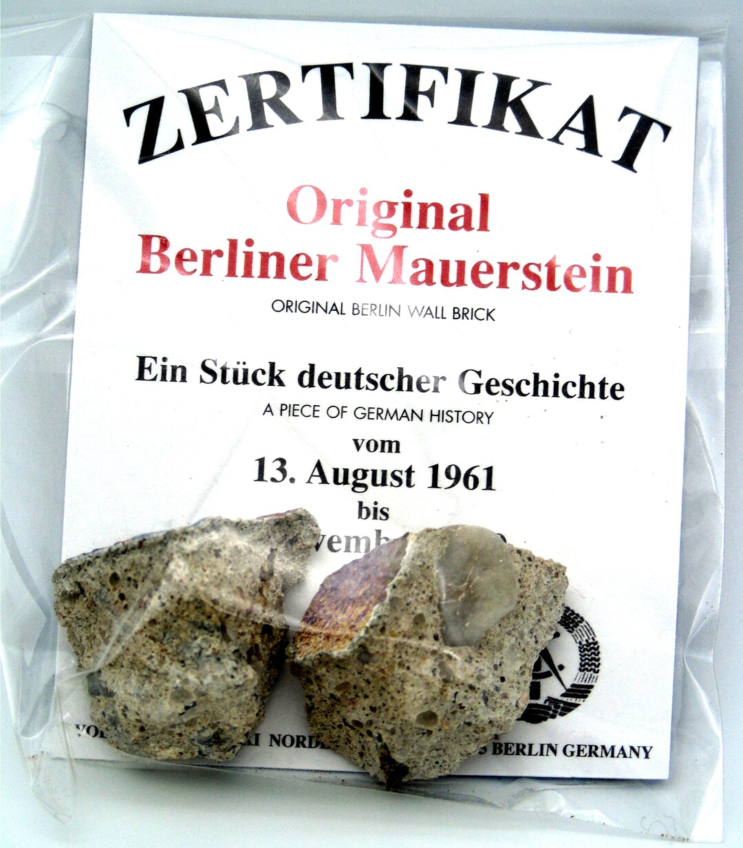 Real Piece of the BERLIN WALL With Certificate of Authenticity ...