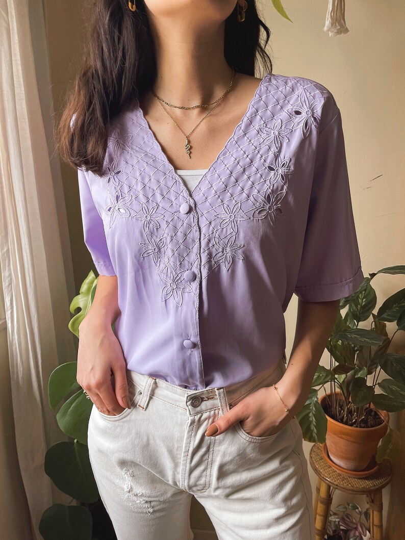 Vintage Lilac Blouse Embroidered Shirt Buttoned Down - Etsy