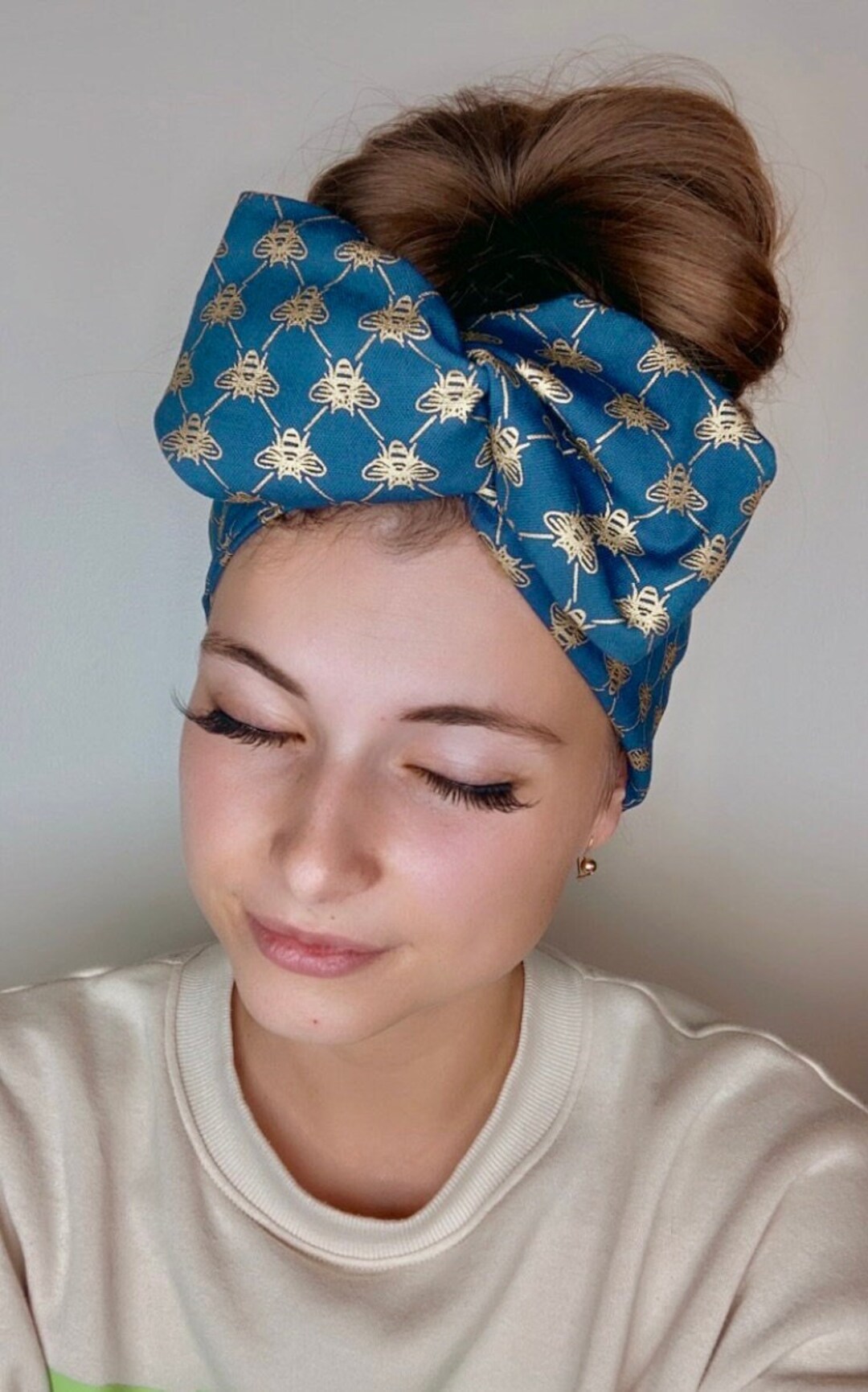 Golden Bee Wide Wire Hair Wrap | Navy Blue Wired Headband | Handcrafted ...
