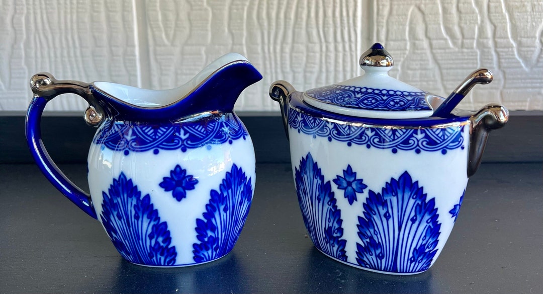 Bombay Company Grace Pattern Cobalt Blue and White Creamer and Lidded Sugar Bowl With Spoon ...
