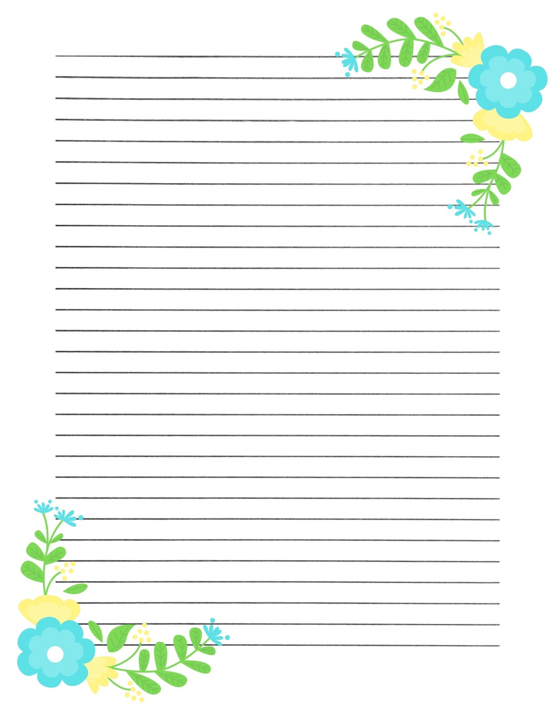 Printable Letterhead, Digital Download, Spring Flower Green, Lined ...