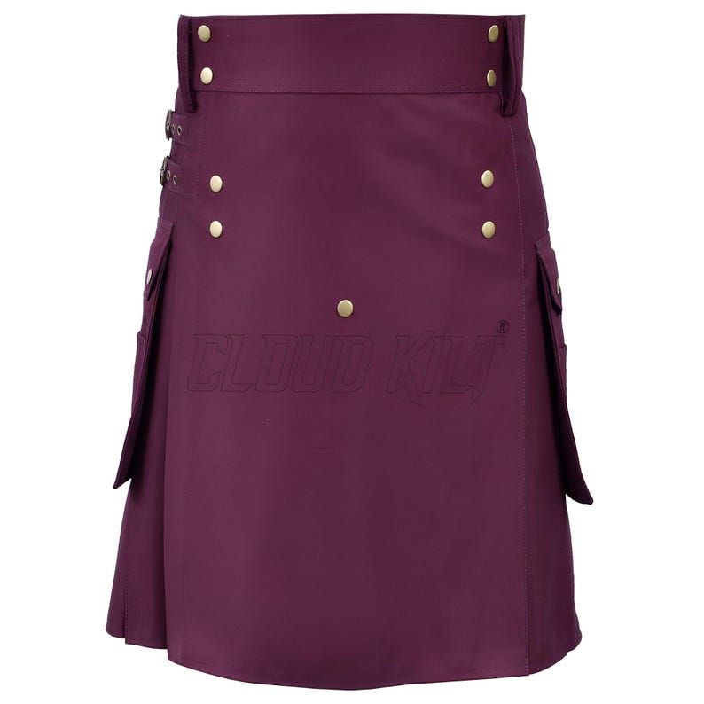 Mens Utility Kilt - Maroon Cotton Cargo Pockets - Adjustable Snap ...