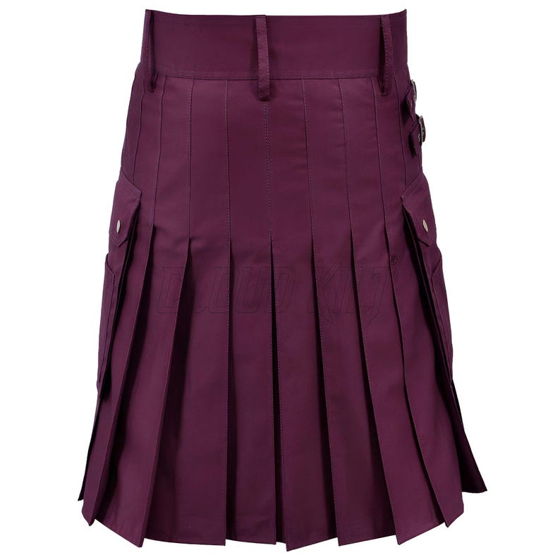 Mens Utility Kilt - Maroon Cotton Cargo Pockets - Adjustable Snap ...