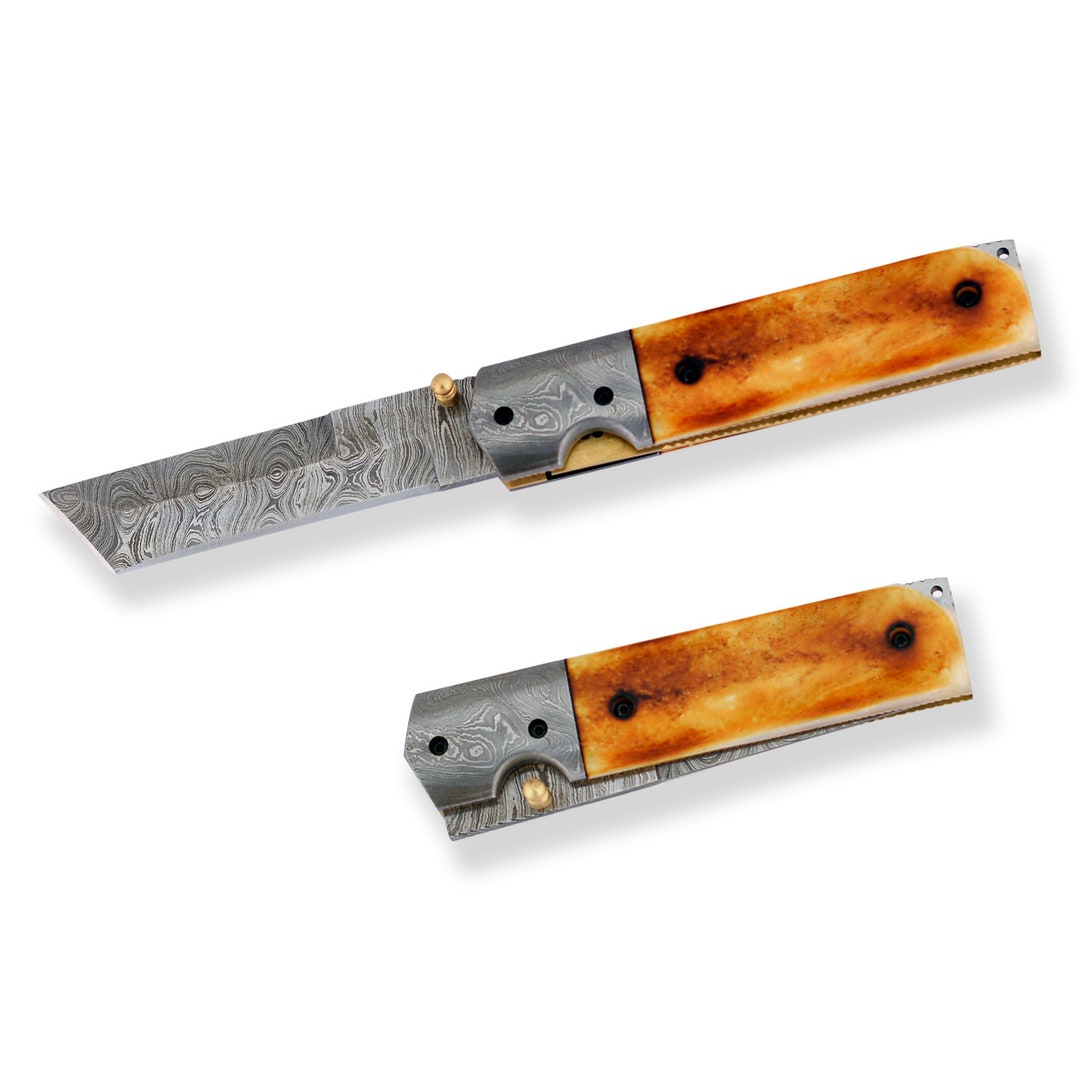 Damascus Pocket Folding Knife, Camel Burn Bone Handle, Custom Pocket ...