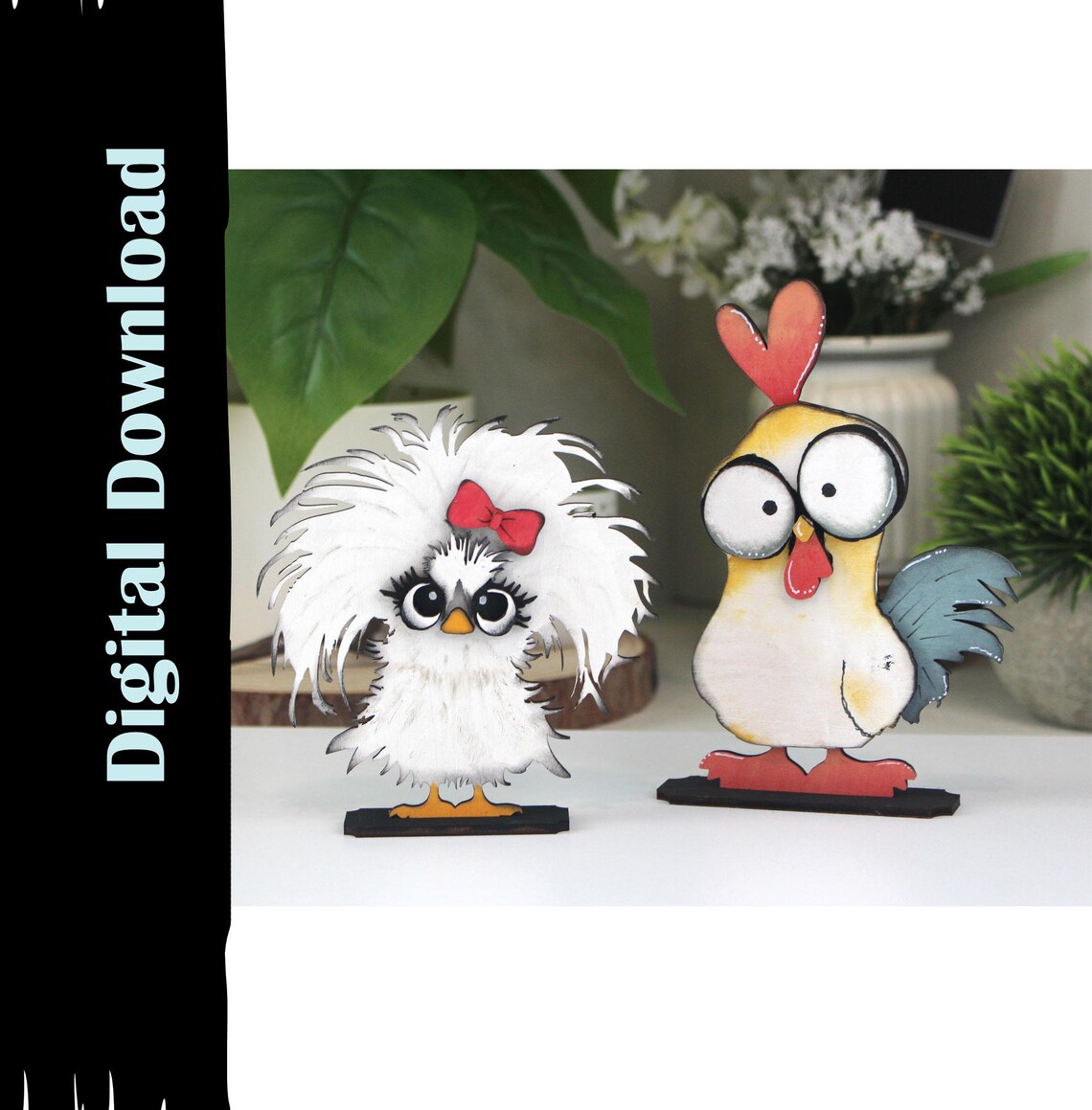 Bad Hair Chicken & Rooster, Farm Animals, Shelf Sitter, Digital ...