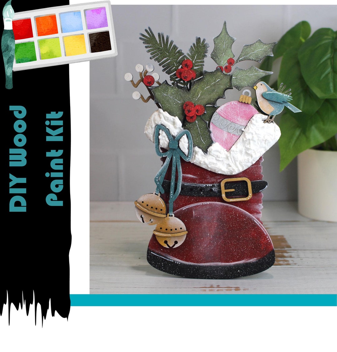 Santa Boot Paint Project, Fun Floral Christmas Shelf Sitter, Christmas ...