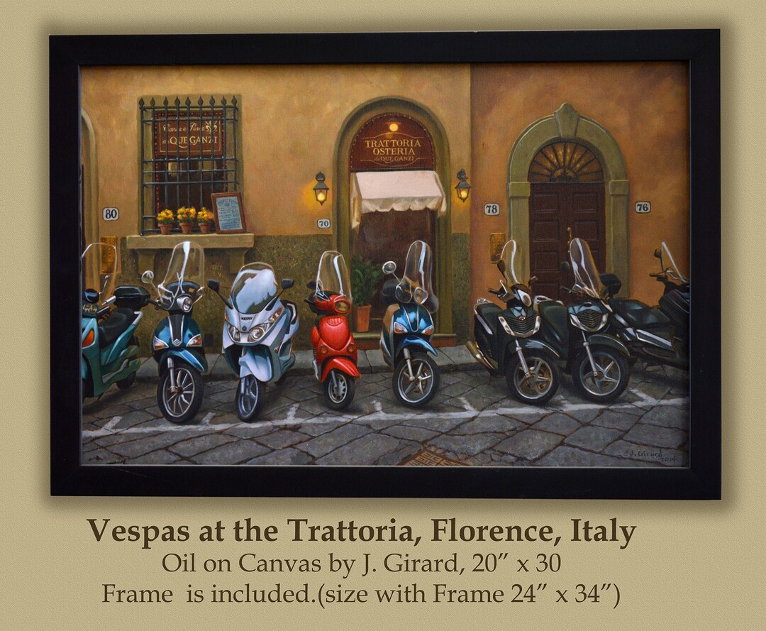 Vespas at the Trattoria, Florence, Italy, Original Framed Oil Painting ...