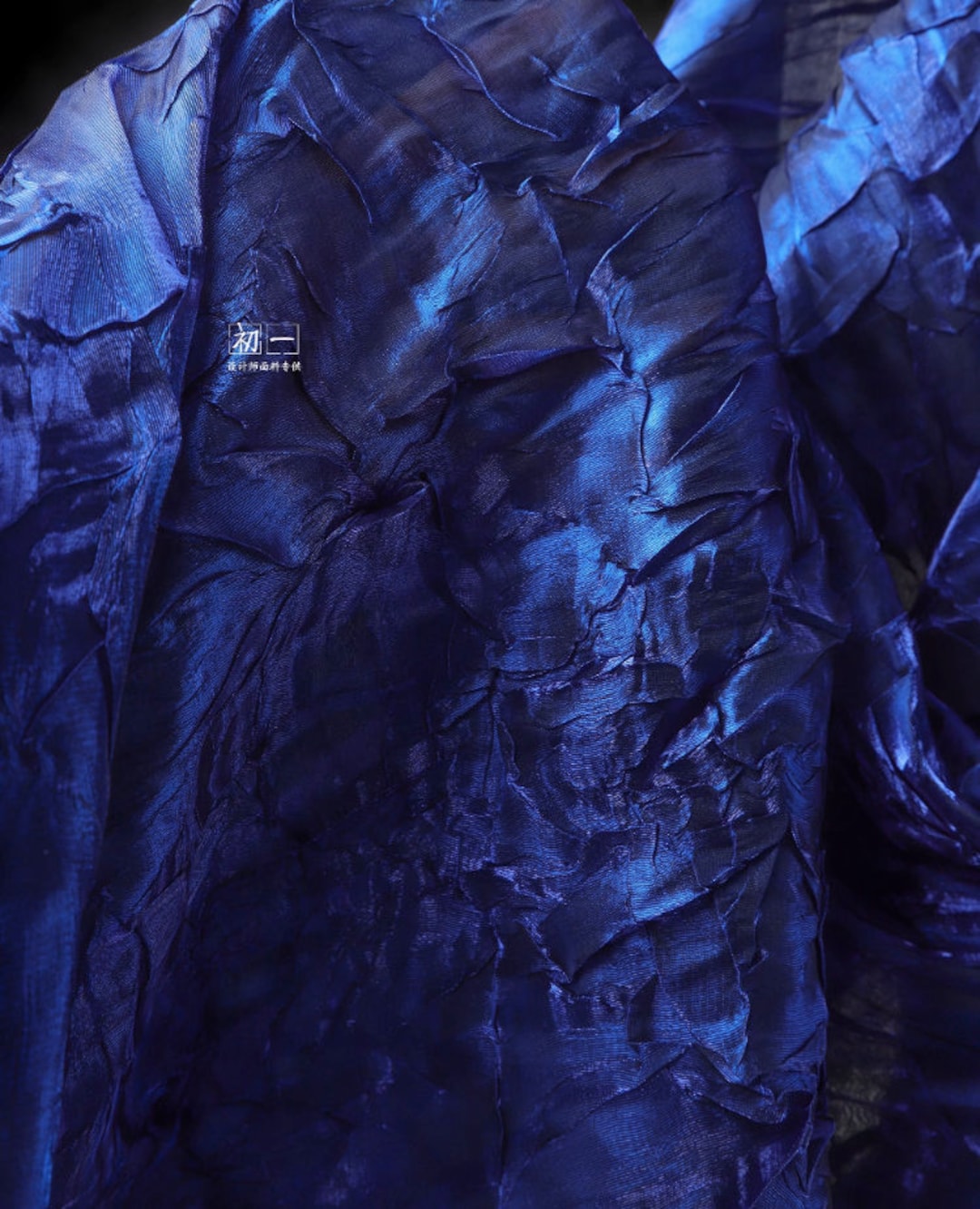 Dark Blue Wavy Crepe Mesh Fabric, 3D Pleated Designer Fabric, 39"wide ...
