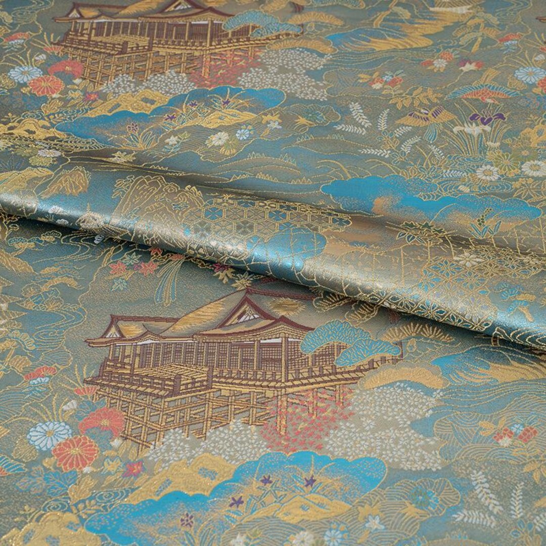 59"w Nishijin Ori Brocade Satin Fabric With Pavilions Pattern| Japanese ...