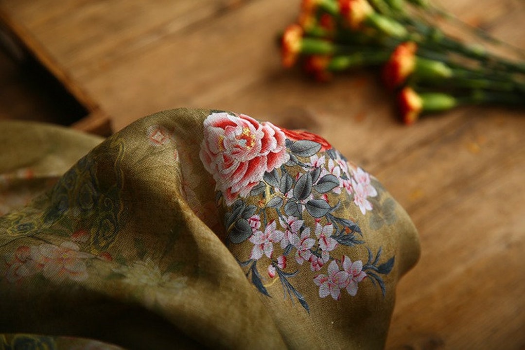 Dunhuang Peony Flower Printed Pure Ramie Fabric, 57“W, Upholstery ...