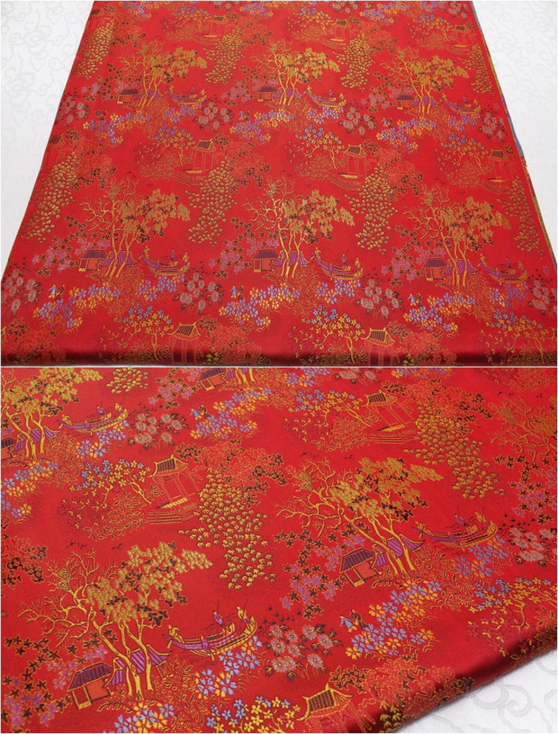 Red & Gold Chinese Brocade Fabric: Ancient Paintings Pattern, 55" Wide ...
