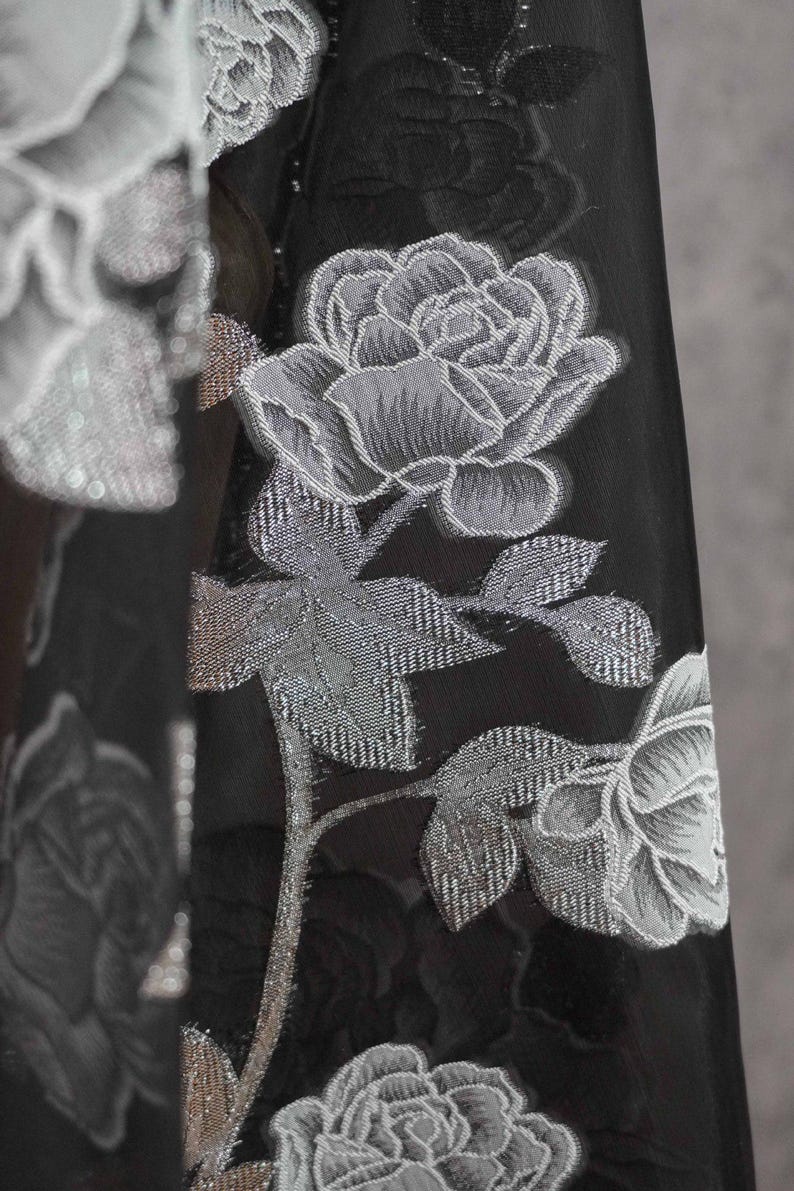 Black and White Peony Silver Thread Jacquard Semi-sheer Fabric, 55"wide ...