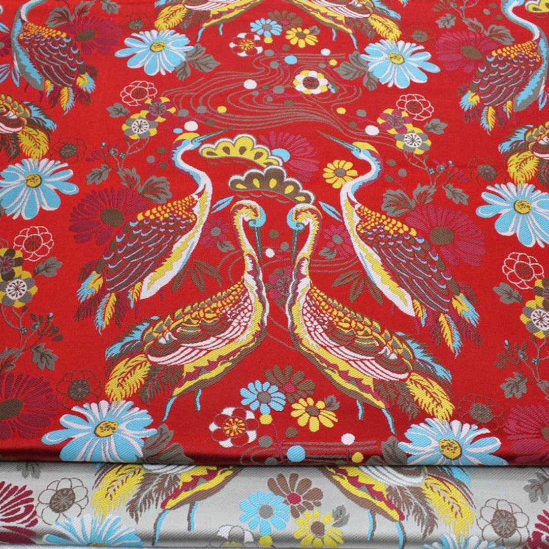 29.5"w Birds Fabric, Crane Pattern Jacquard Satin Fabric, Brocade ...