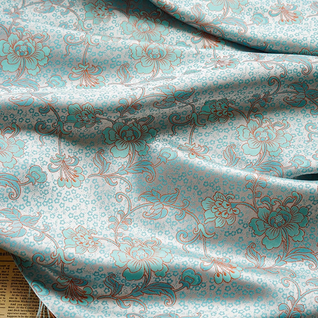 59"w Ancient Chinese Ice Blue Flower Pattern Silk Brocade, Decor ...