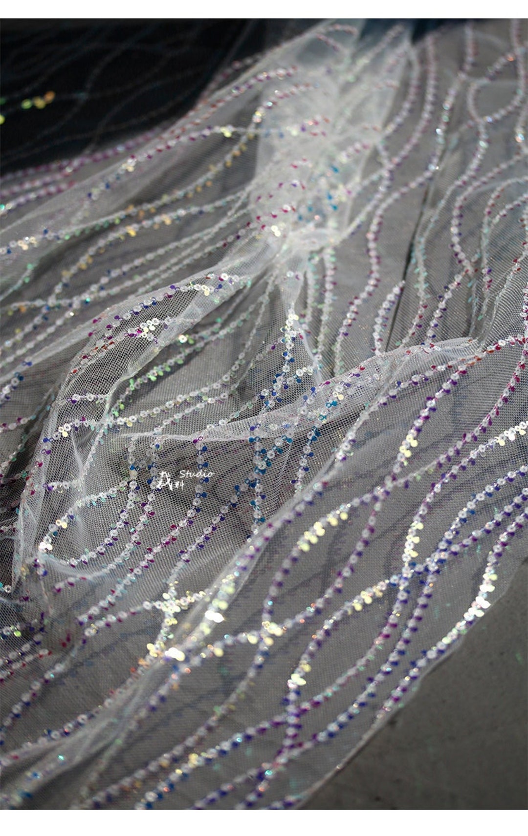 59"w Mermaid Wave Mesh Fabric, See-through Embroidery Fish Scale Sequin ...