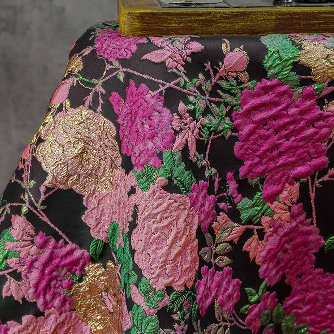 Floral Gold Jacquard Fabric – Begonia Blossom Embossed Material, 52"w ...