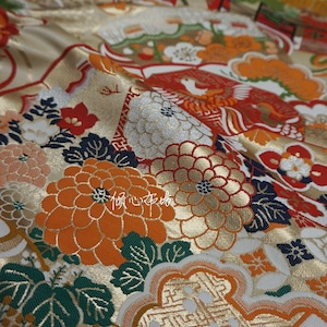 29.5" Width Nishijin Crane Japanese Kinran Fabric, Modern Gold Jacquard ...